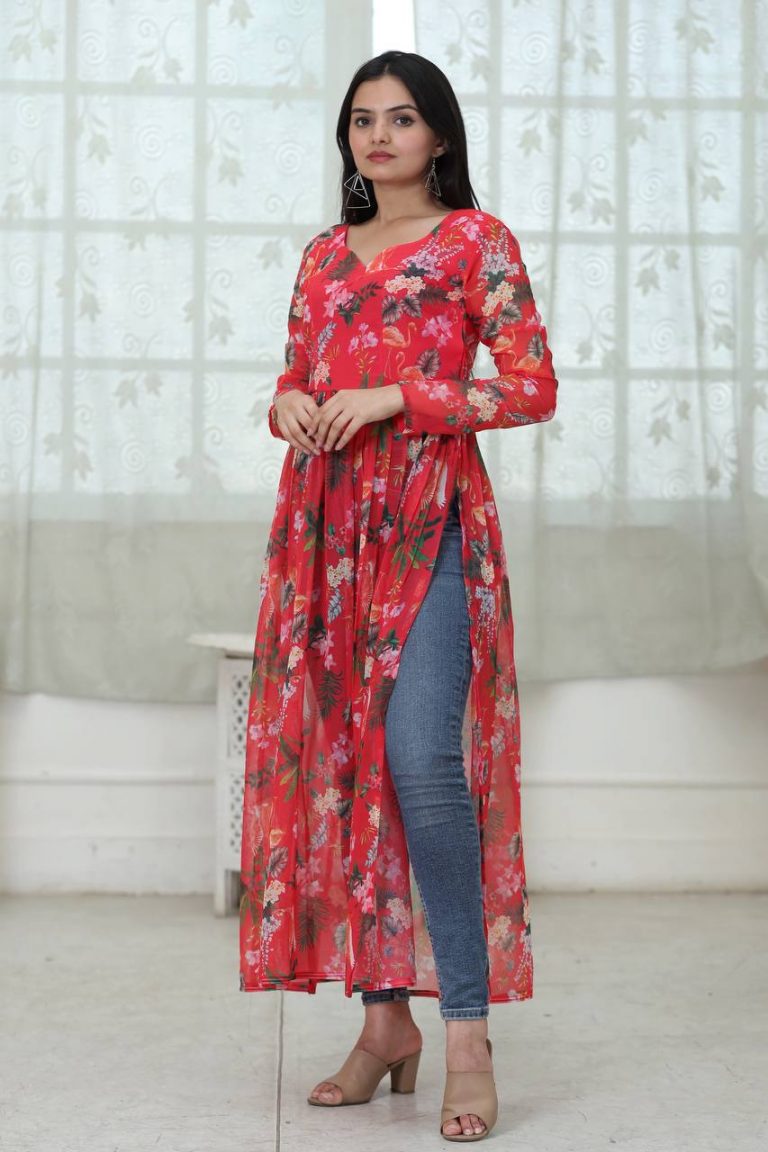 10 Trendy Printed Red Kurti Designs for Ladies With Jeans - The Ethnic ...